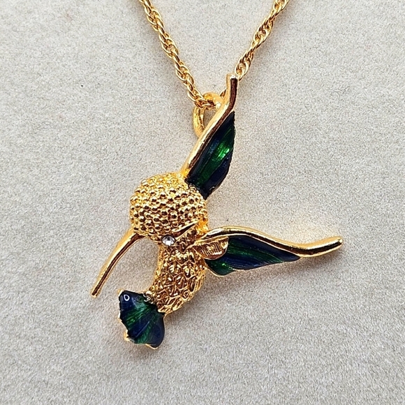 Vintage | Jewelry | Vintage Green Enamel Hummingbird Gold Tone ...